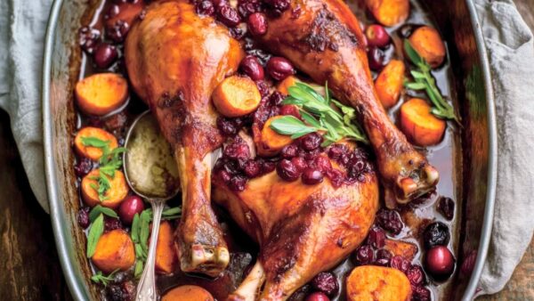 Rustic Braised Turkey Legs with Sweet Potatoes & Cranberries