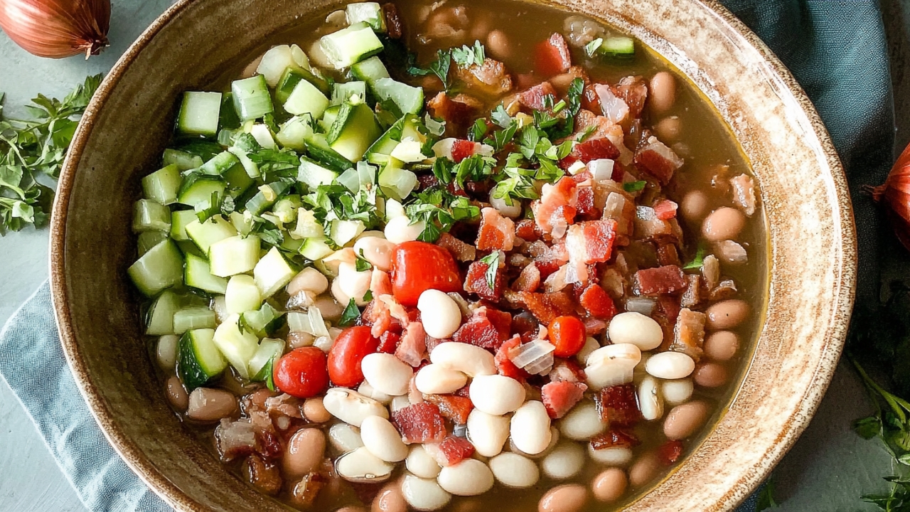 Braised Pinto Beans with Bacon & Winter Vegetables for Dinner