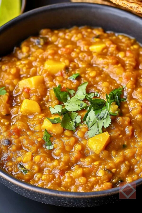 Savory Lentil Tomato Dhal with a Tangy Mango Pickle Twist