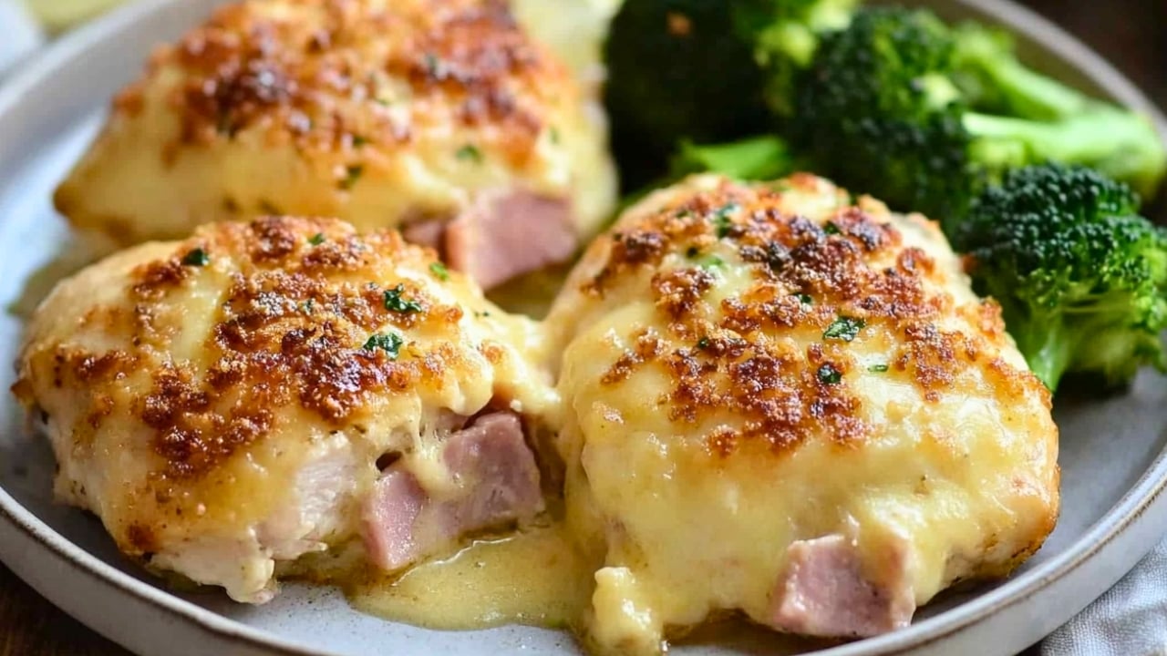 Easy Unstuffed Ham & Cheese Chicken with Roasted Broccoli One-Pot Recipe